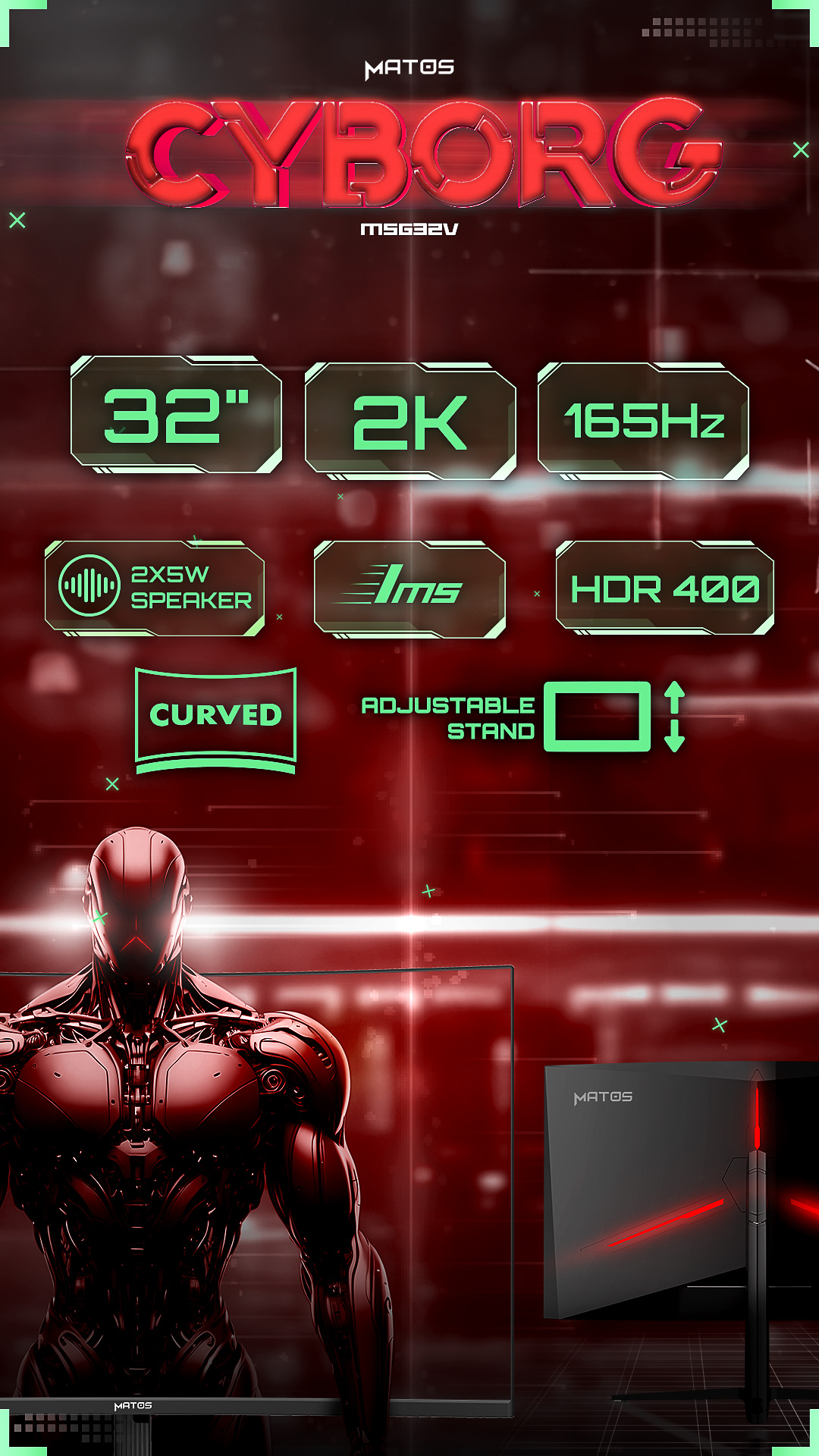 Gaming Setif - MONITEUR MATOS MSG32V CYBORG 165HZ CURVED 32 POUCE QHD 2K